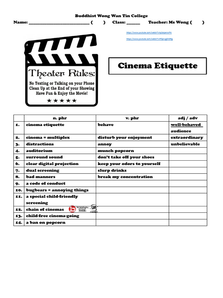 S6 - BBC - Cinema Etiquette - WS | PDF | Movie Theater | Video