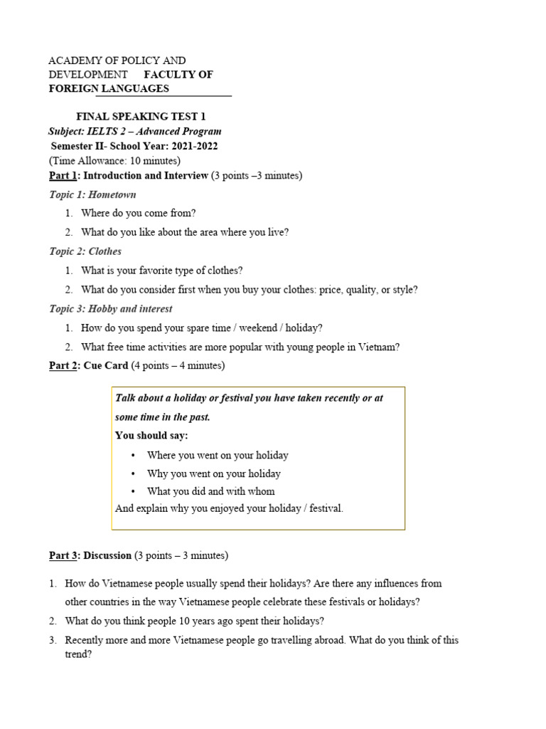 IELTS 2 - Speaking Test | PDF