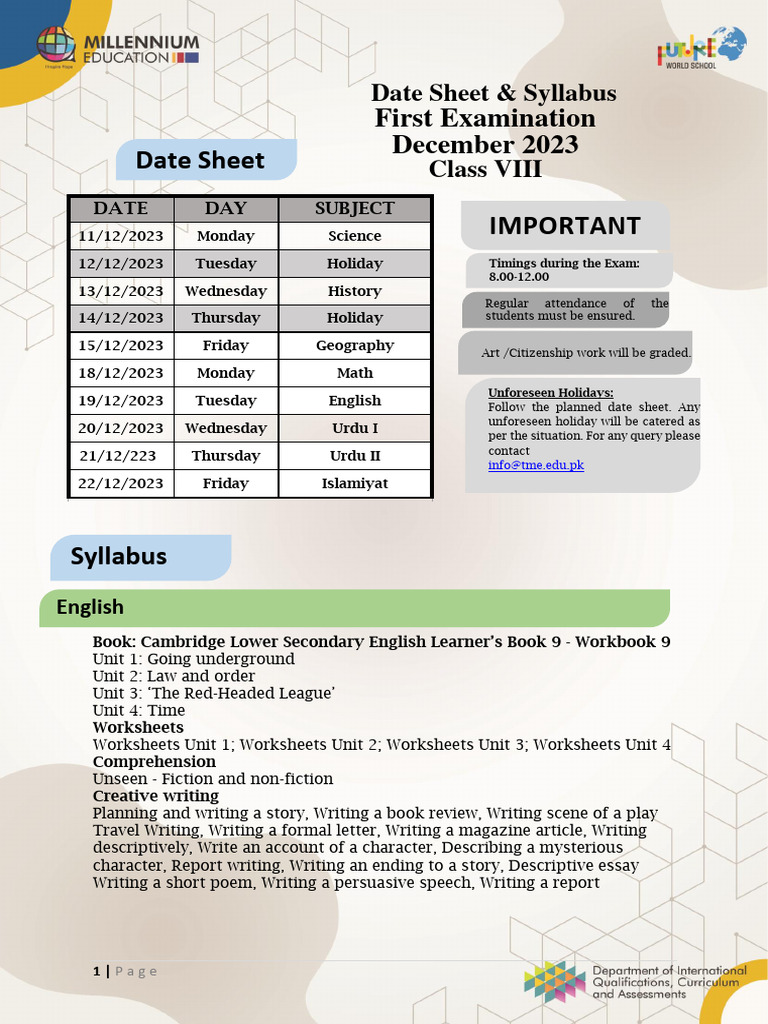 Grade 8 (First Term 2023 Syllabus and Date Sheet) | PDF | Prophets And ...
