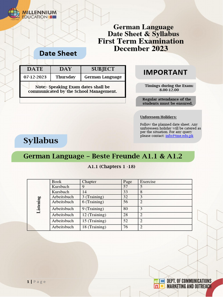 Grade-8 German Syllabus A1.1 & A1.2 | PDF