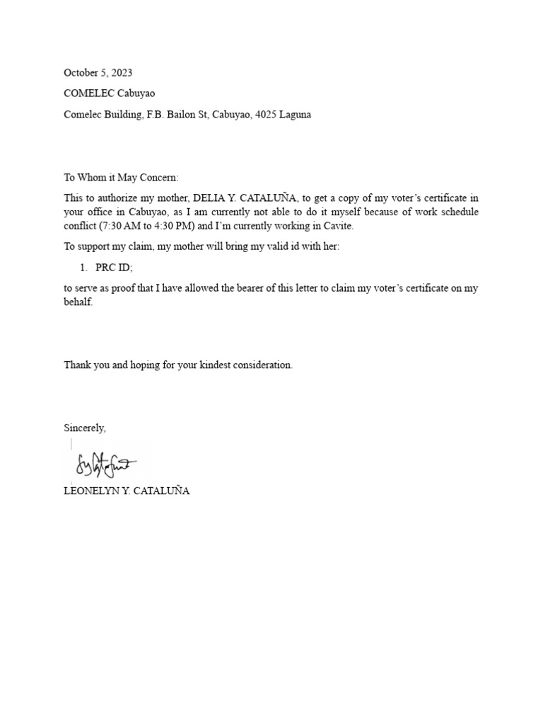 Authorization Letter for Voter's Certificate | PDF