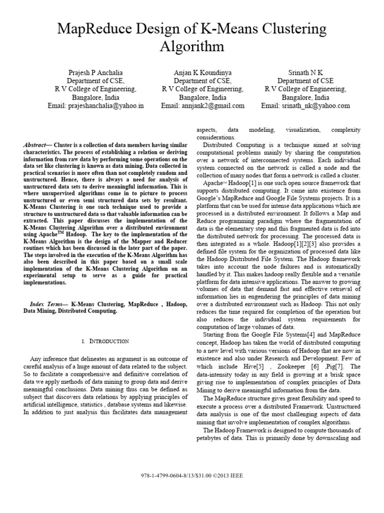 Mapreduce Design of K-Means Clustering Algorithm: Abstract | PDF