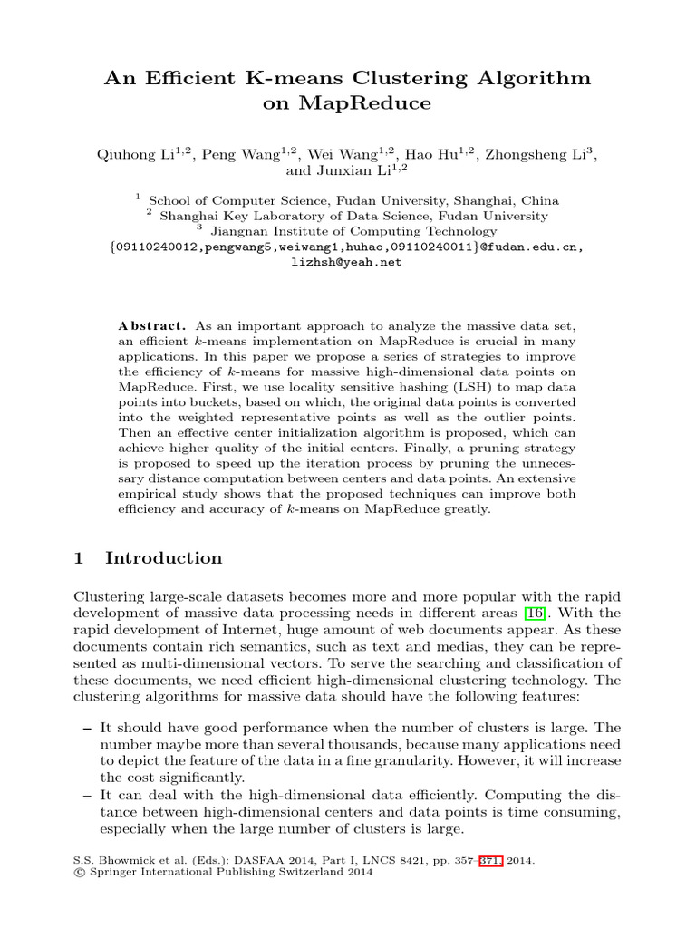 An E Cient K-Means Clustering Algorithm On Mapreduce: (09110240012, Pengwang5, Weiwang1, Huhao ...