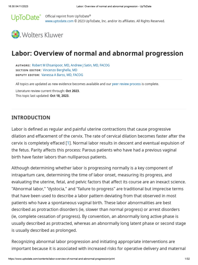 Labor - Overview of Normal and Abnormal Progression - UpToDate | PDF ...