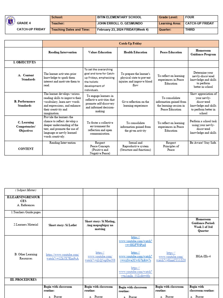 DLL Catch Up Friday Grade 4 | PDF | Learning | Thought