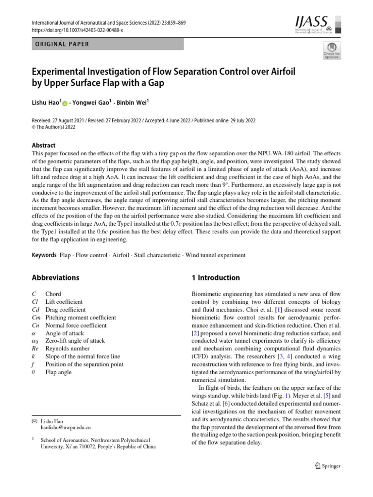 Experimental Investigation of Flow Separation Control Over Airfoil by Upper Surface Flap With A ...