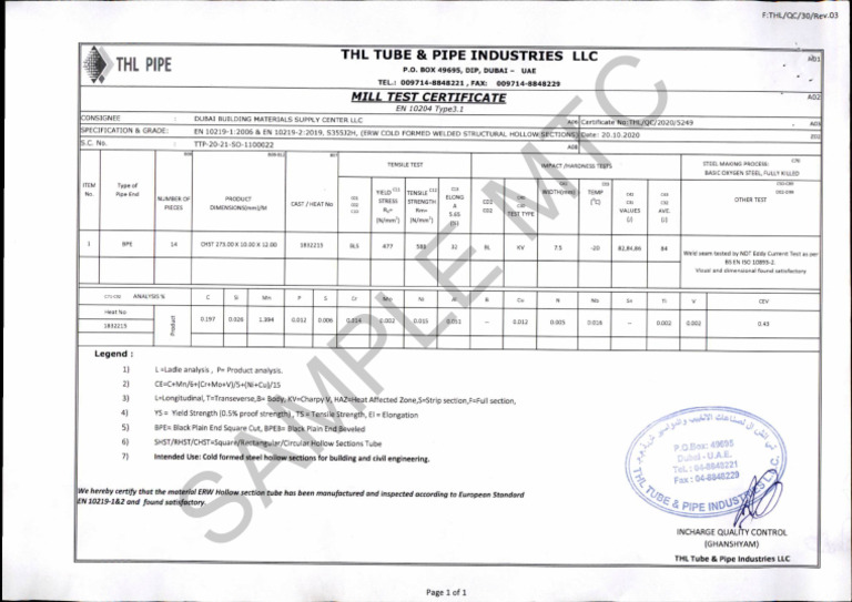 MTC - Pipe Erw 10x10mm - s355j2h - THL, Uae | PDF | Pipe (Fluid Conveyance) | Building Materials