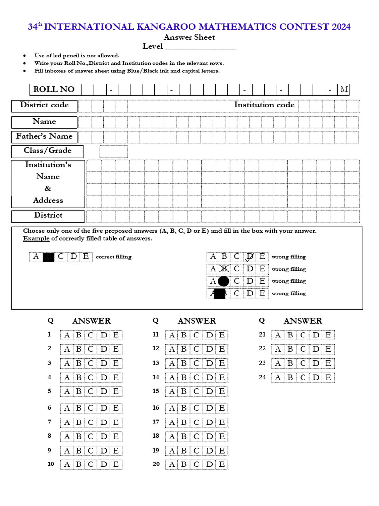Kangaroo Math Contest 2024 Answer Sheet | PDF