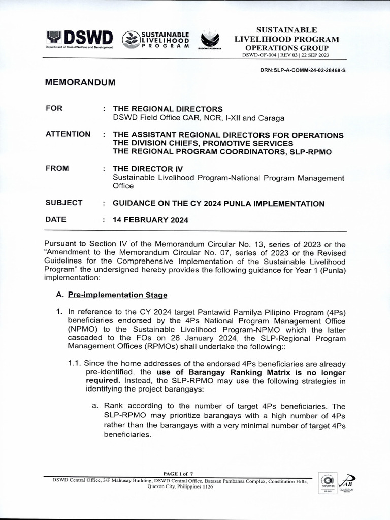 Guidance On The Cy 2024 Punla Implementation | PDF