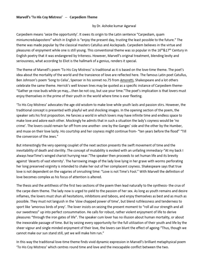 Marvell's To His Coy Mistress' - Carpediem Theme: TH TH | PDF | Poetry