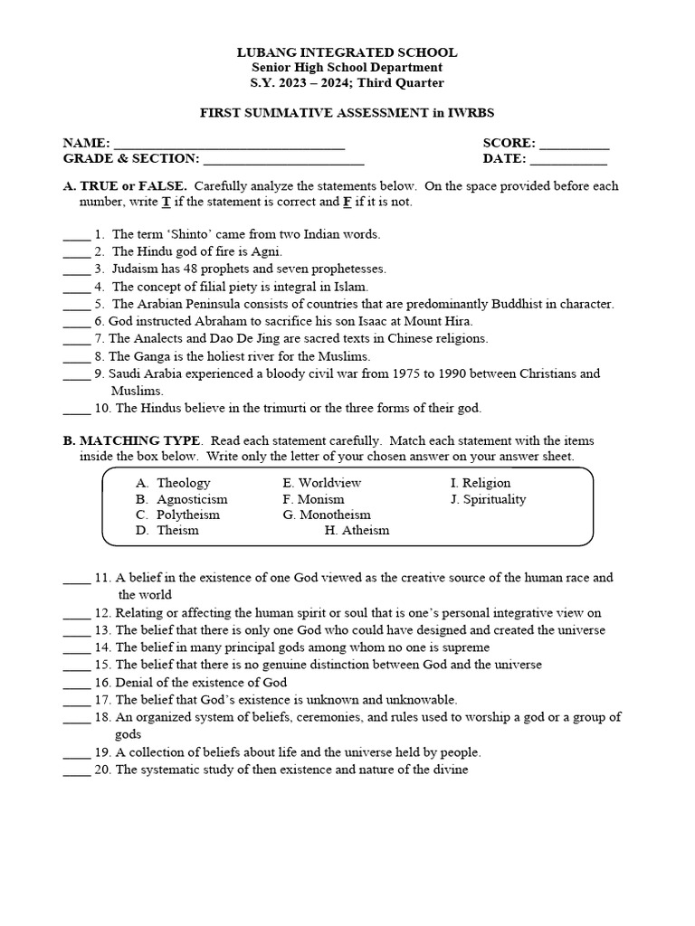 First Summative Exam in Iwrbs | PDF | God | Monotheism