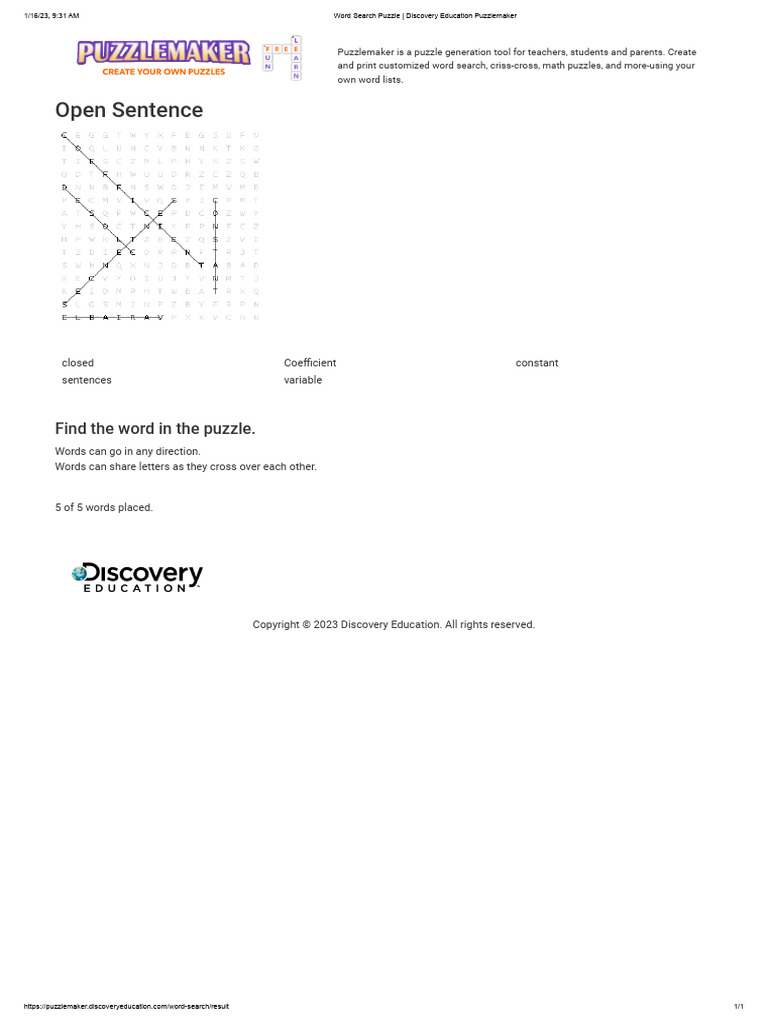 Word Search Puzzle - Discovery Education Puzzlemaker | PDF