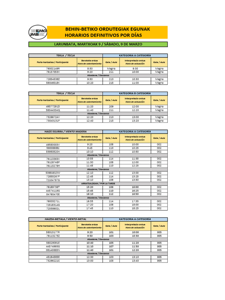 Horarios Definitivos Con Dni | PDF
