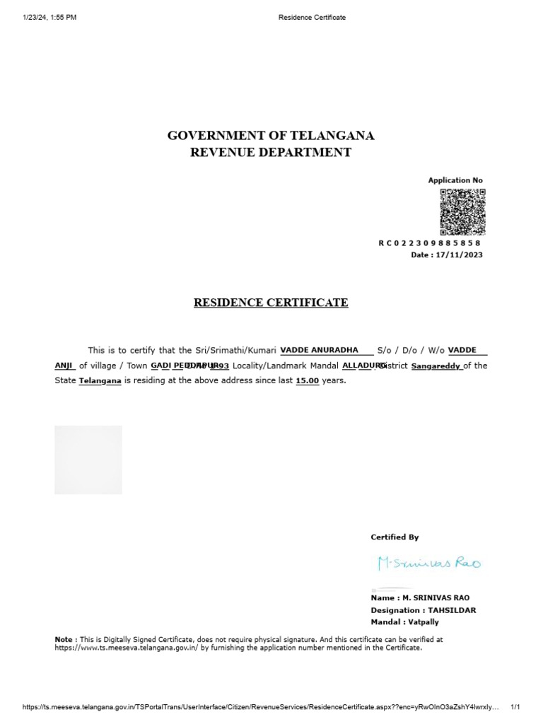 Telangana Residence Certificate Sample | PDF