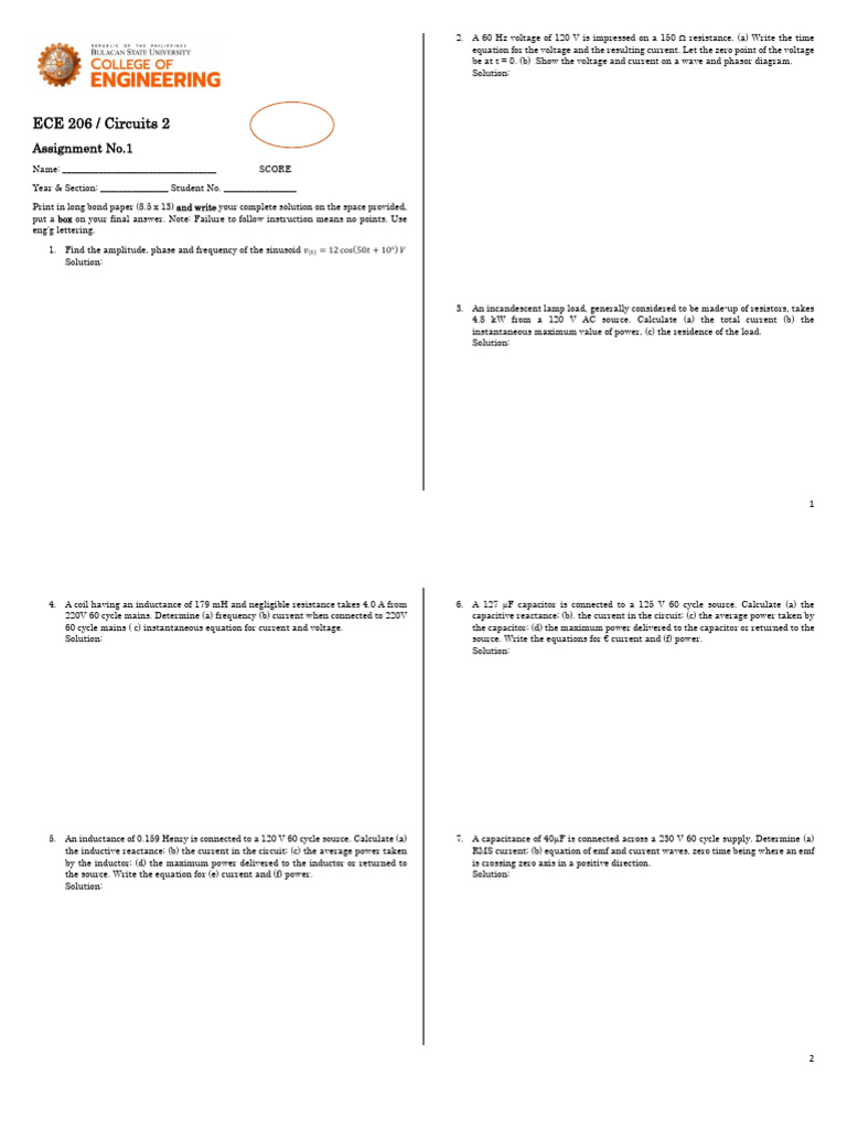 Circuits 2 Electrical Calculations Assignment Pdf