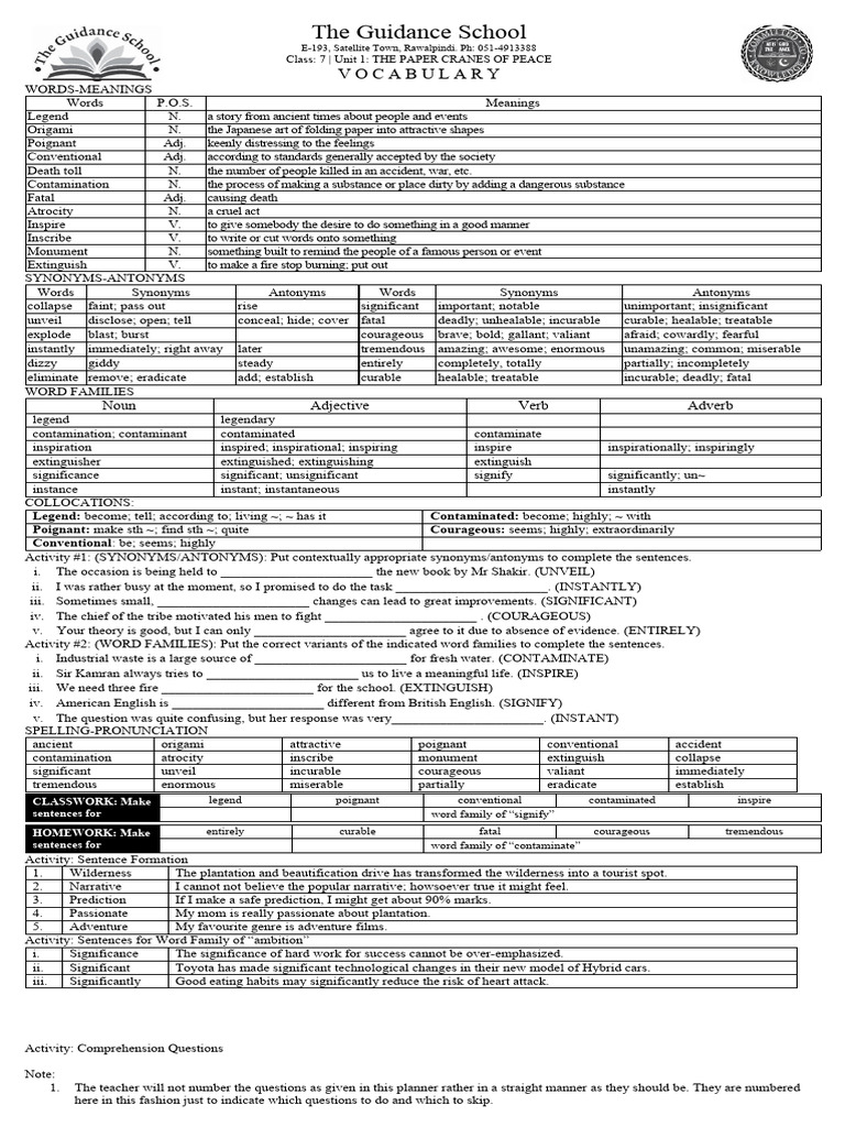 7th Class Vocabulary List Unit 1 THE PAPER CRANES OF PEACE VOCABULARY ...