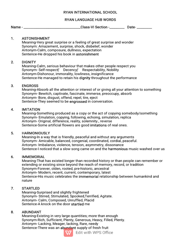 Class-VI RYAN LANGUAGE HUB - (Worksheet) | PDF