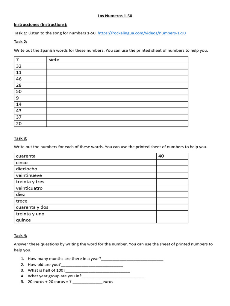 Spanish Numbers Tasks Week 2 | PDF