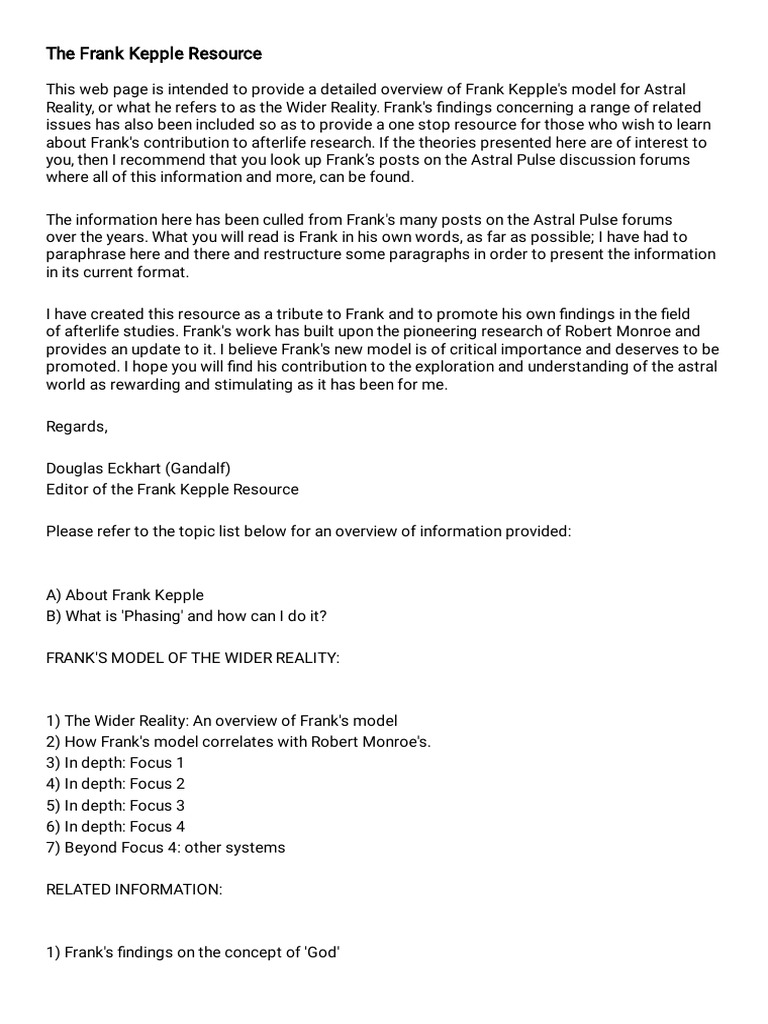 Frank Kepple's Astral Reality Model | PDF | Experience | Consciousness