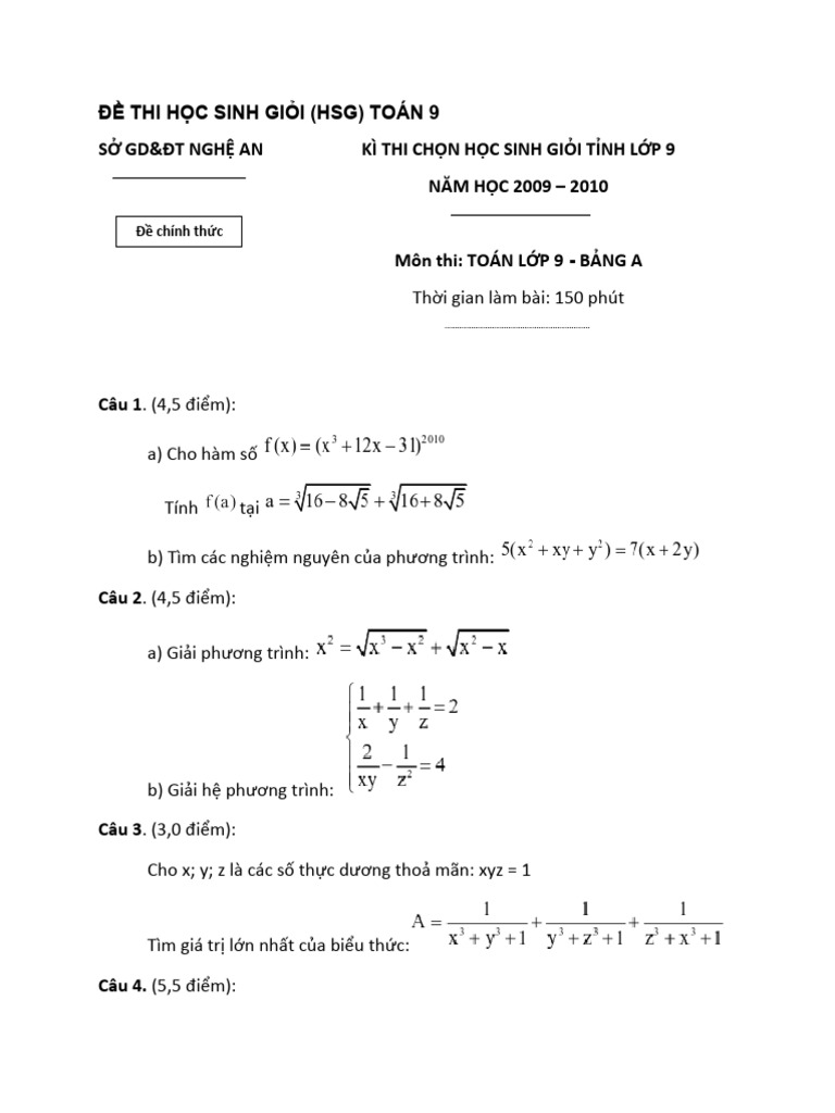 De Thi Hoc Sinh Gioi HSG Toan Lop 9 | PDF