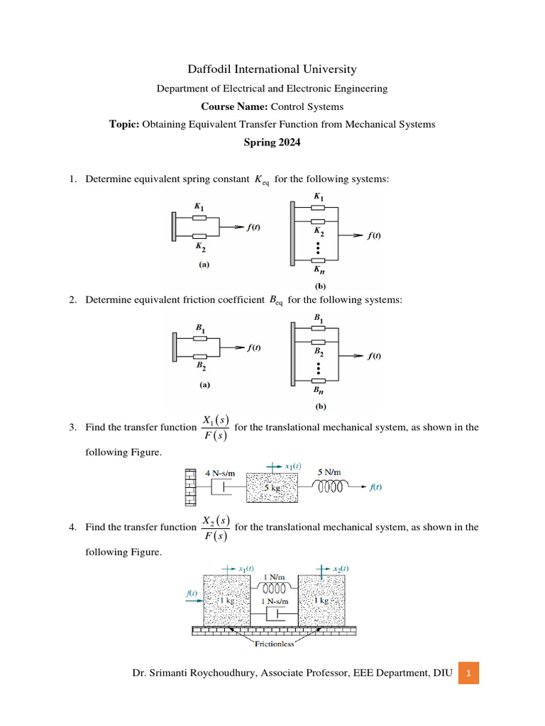 Practice Problems 3 Obtaining Equivalent Transfer Function From