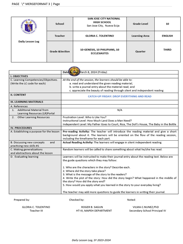 Catch Up Friday ENGLISH DLL March 8 | PDF | Learning | Teachers