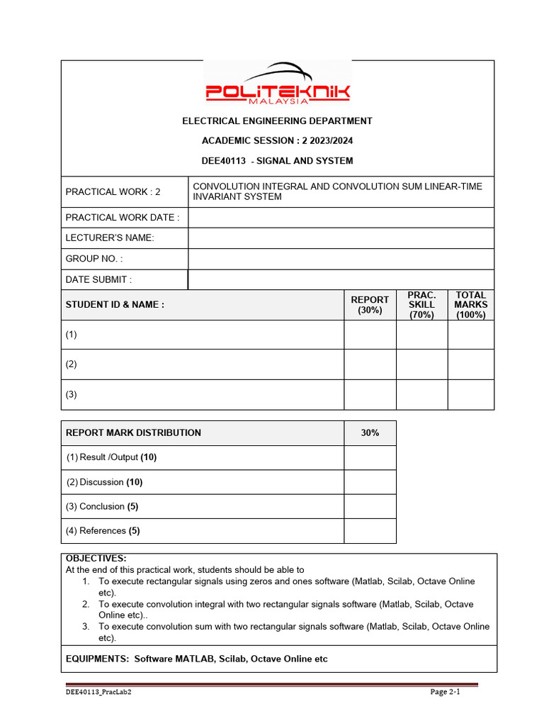 PW2 - Convolution Integral and Convolution Sum PSA | PDF | Matlab | Convolution