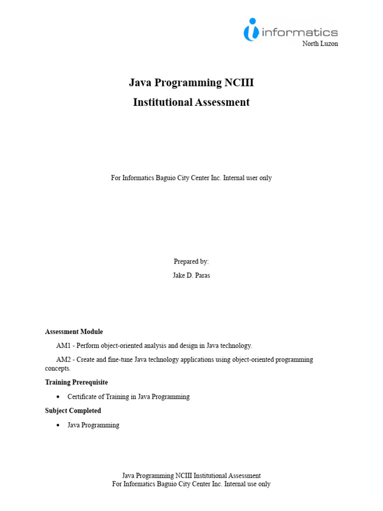 Java Programming NCIII - Institutional Assessment | PDF