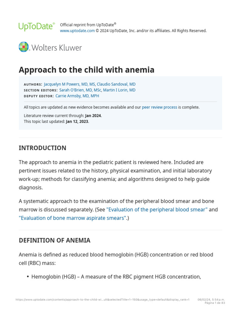 Approach To The Child With Anemia - UpToDate | PDF | Anemia | Tissue ...