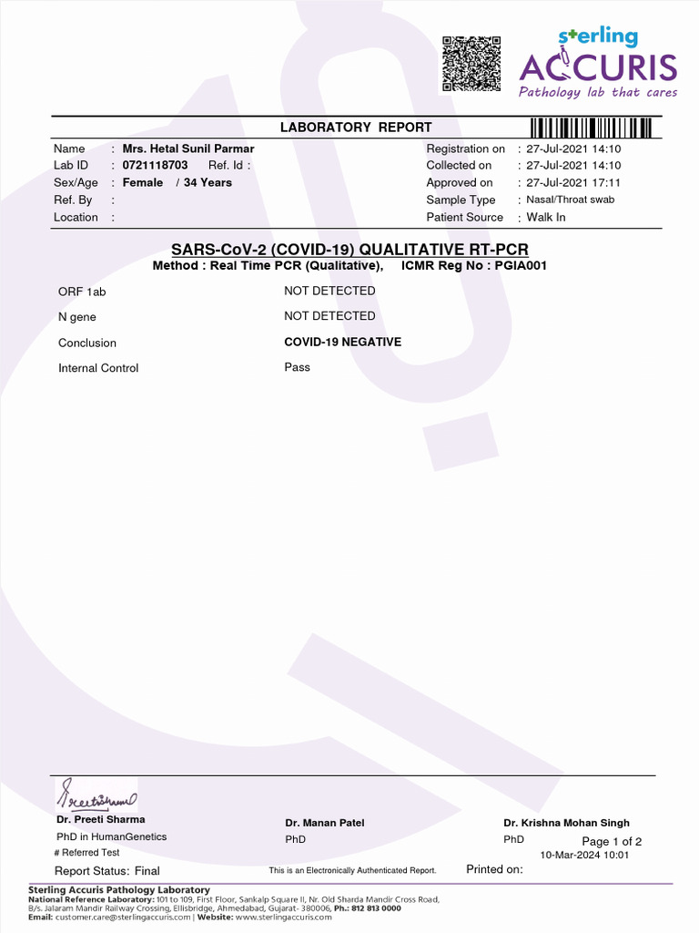 Sars-Cov-2 (Covid-19) Qualitative RT-PCR: Method: Real Time PCR ...