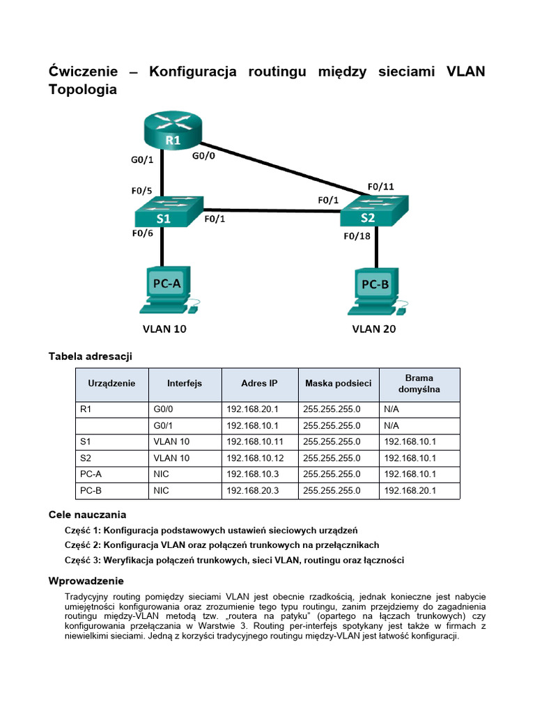 Konfiguracja Routingu Między Sieciami VLAN Topologia | PDF