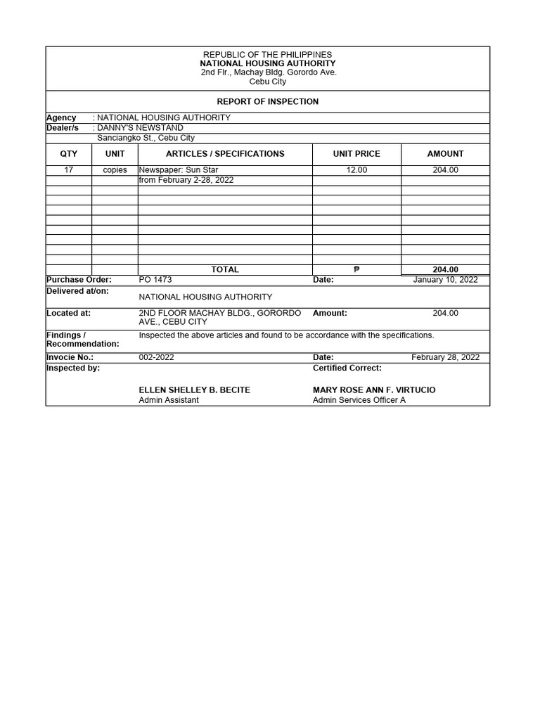 2022 Report of Inspection Drafts 1st QRT 2023 | PDF