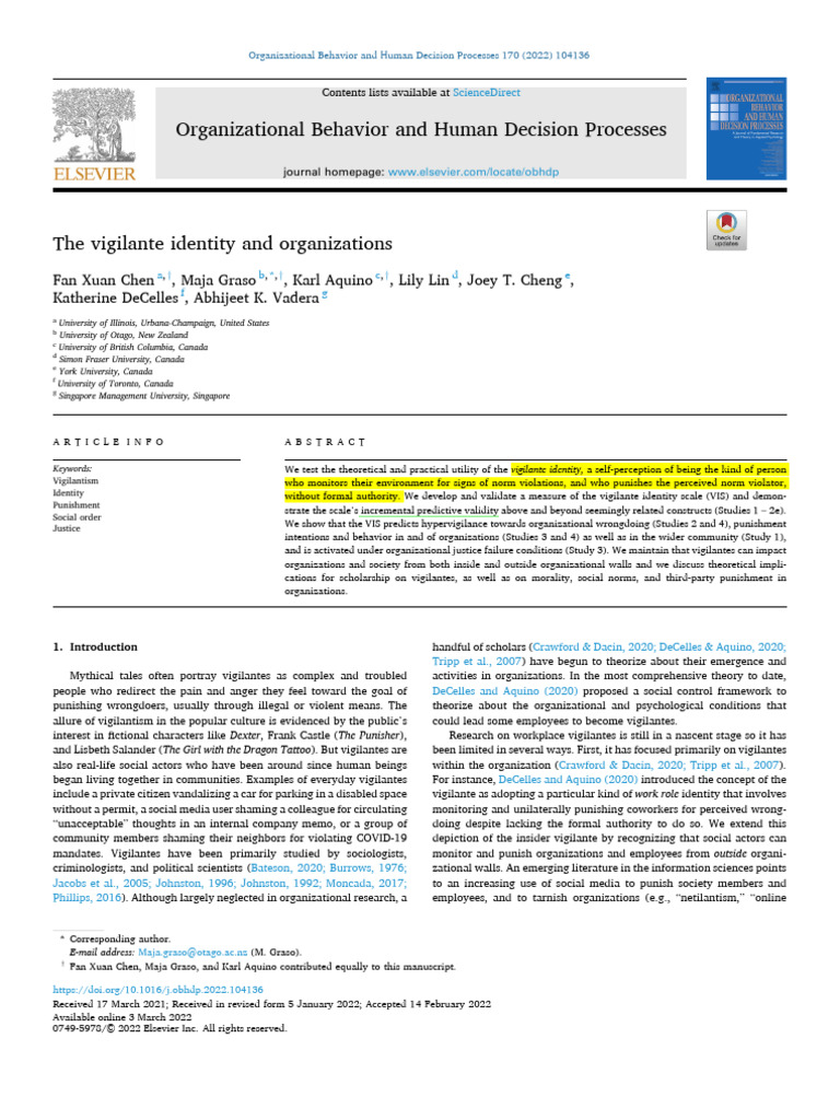 Vigilante Identity in Organizations | PDF | Punishments | Psychometrics