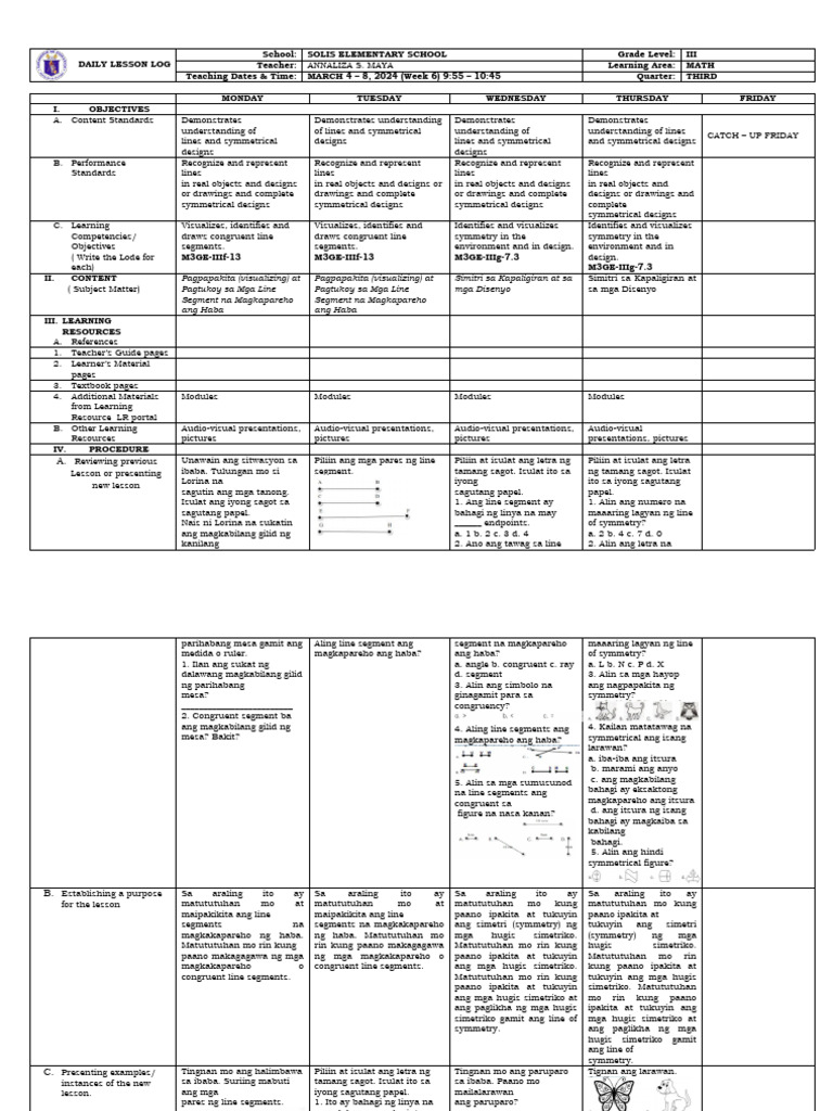 DLL - MATH 3 - Q3 - WEEK 6 Visualizes Identifies and Draws Congruent Line Segments | PDF ...