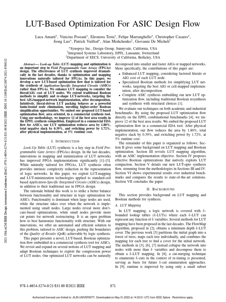 LUT-Based Optimization For ASIC Design Flow | PDF | Logic Synthesis | Field Programmable Gate Array
