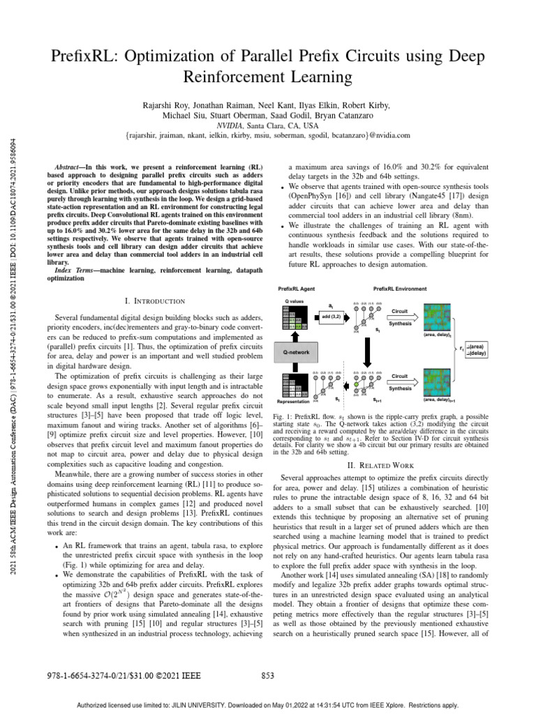 Prefixrl Optimization Of Parallel Prefix Circuits Using Deep Reinforcement Learning Pdf