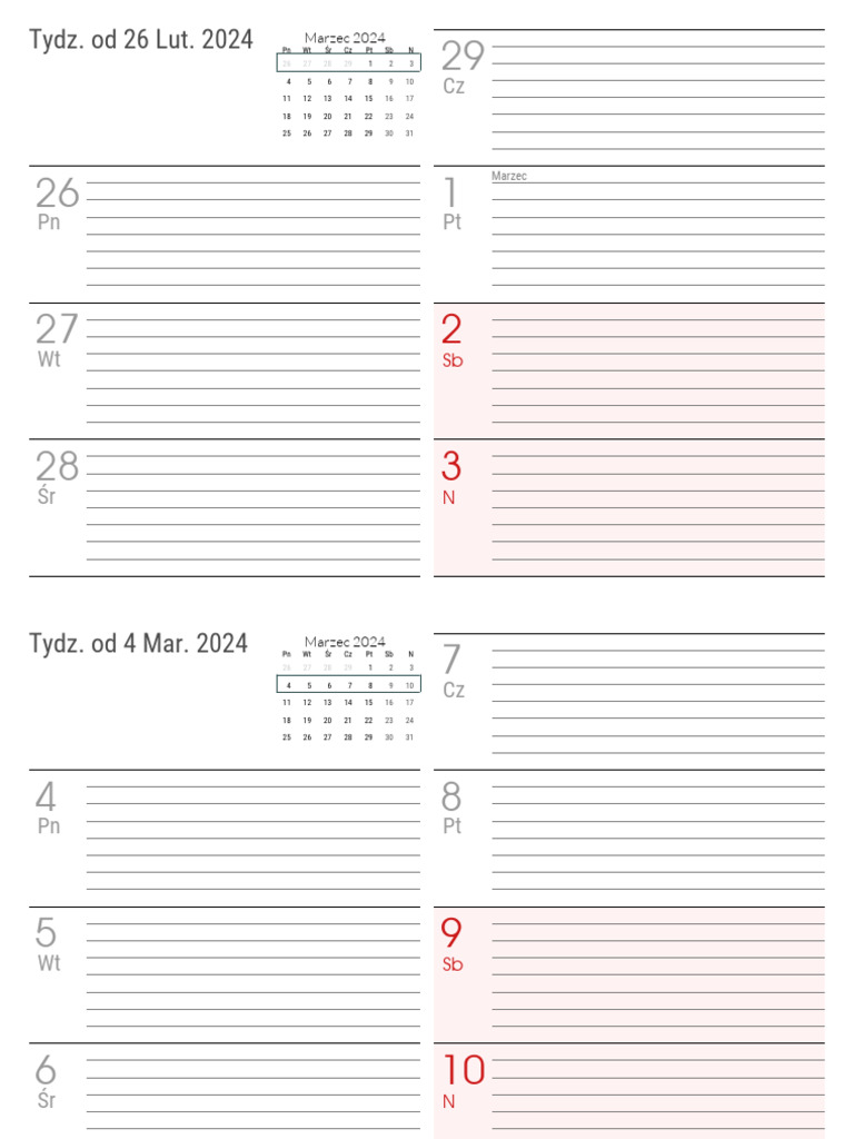 Marzec 2024 - Kalendarz Tygodniowy | PDF