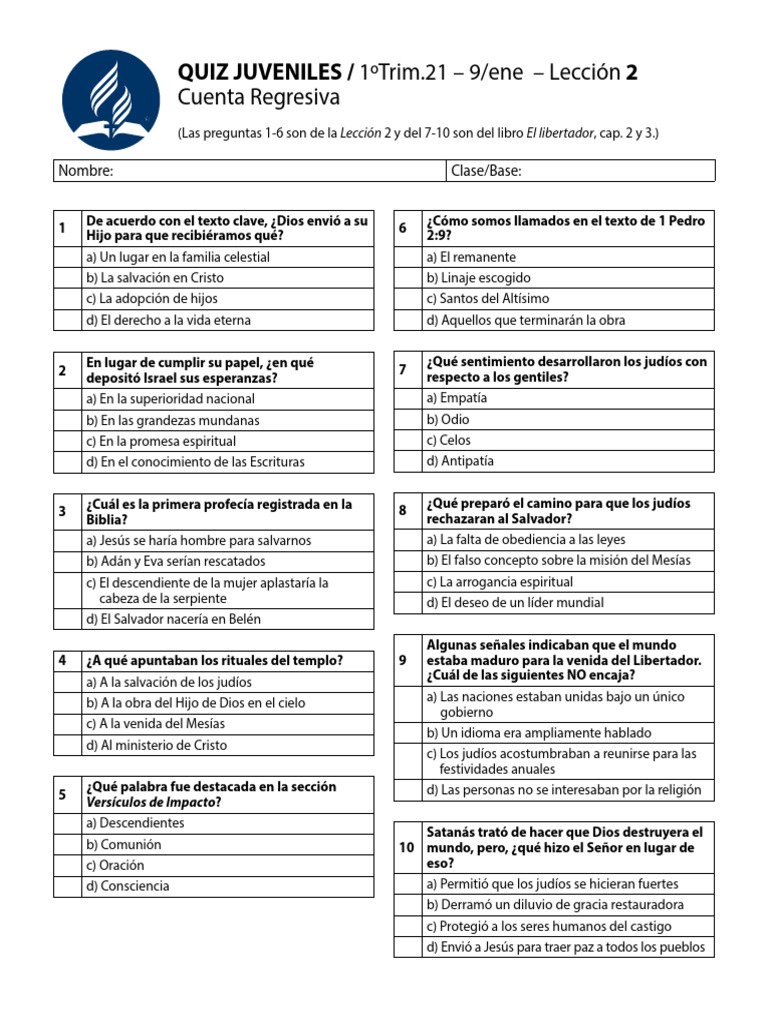 1otrim21 L2 QUIZ IMPRES Juvenile | PDF | Mesías | Salvación