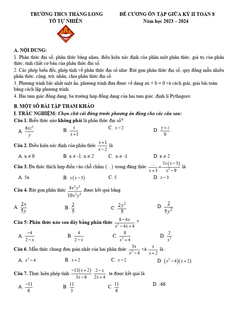 De Cuong Giua Ky 2 Toan 8 Nam 2023 2024 Truong Thcs Thang Long Ha Noi | PDF
