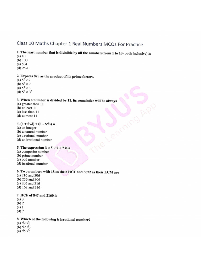 Class 10 Maths Chapter 1 Real Numbers MCQs For Practice | PDF