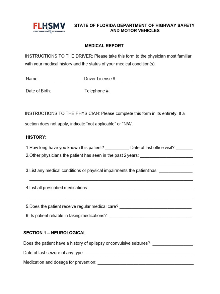 FLHSMV Medical Report Form | PDF
