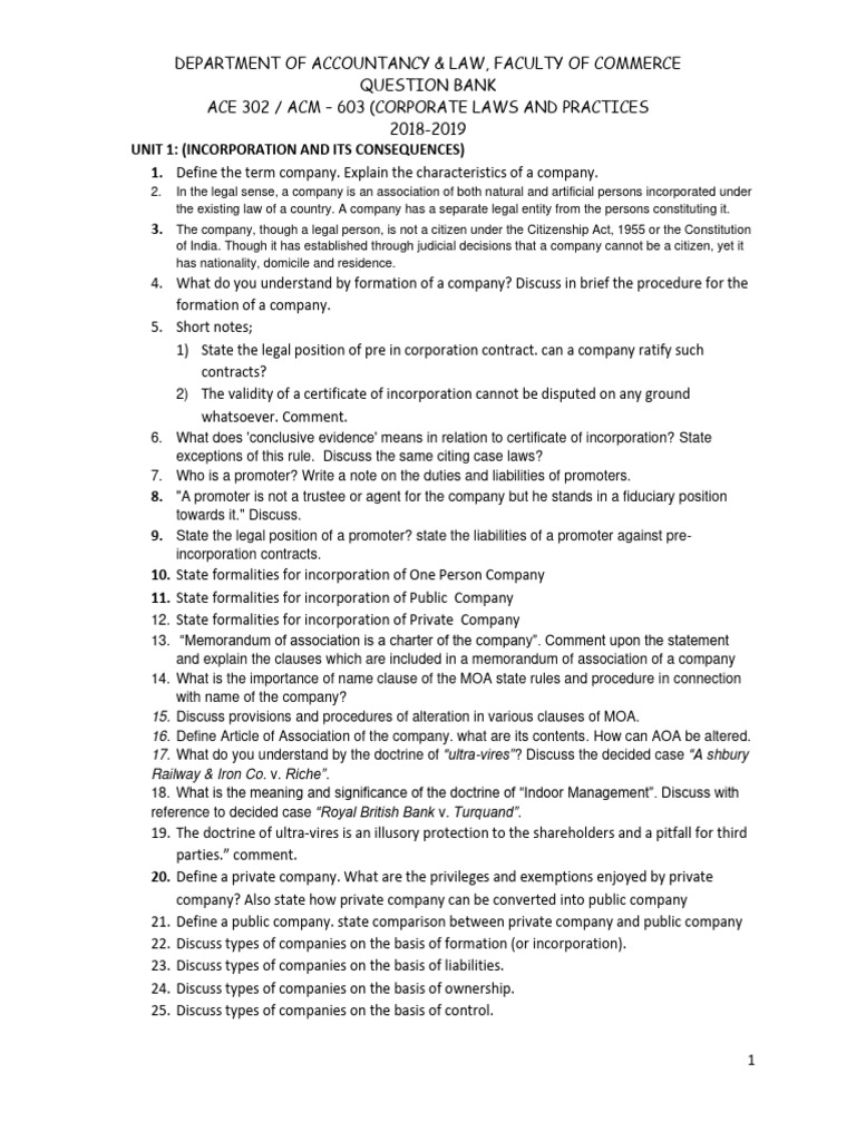 QB of Corporate Law & Practice ACE 302 - ACM 603 2018-19 | PDF ...