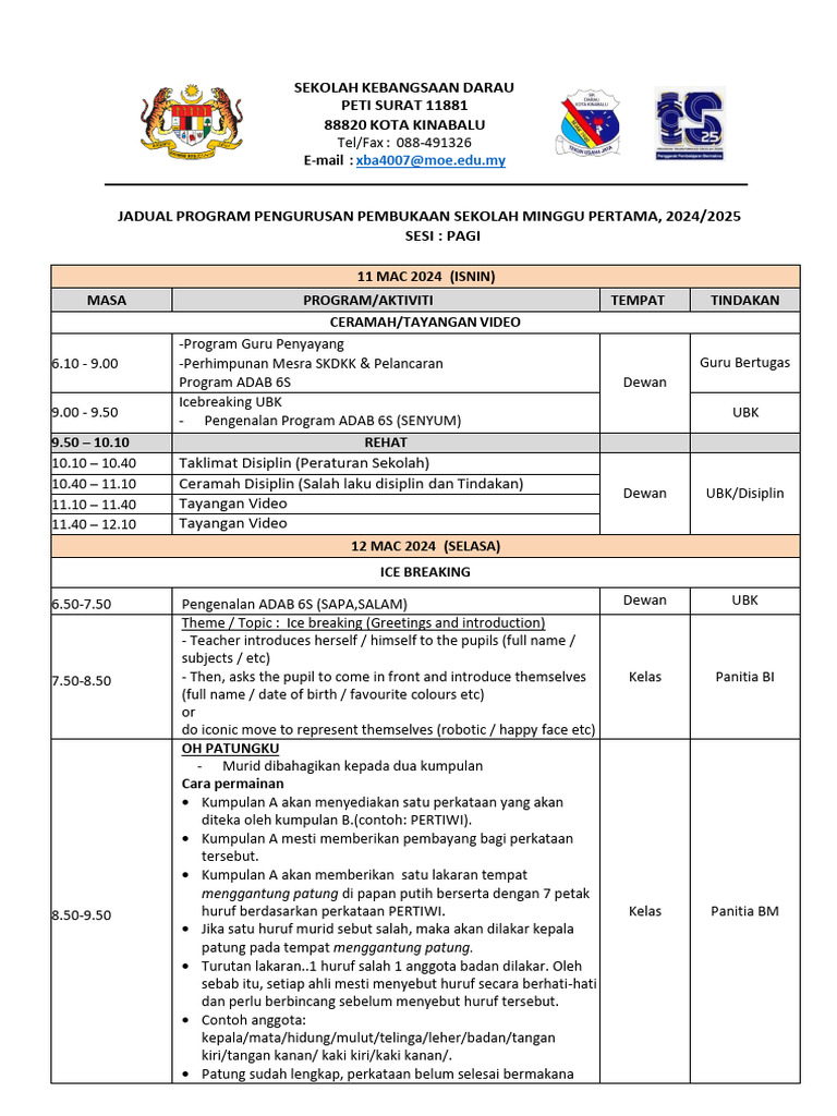 Jadual Persekolahan Minggu Pertama Tahap 2 | PDF