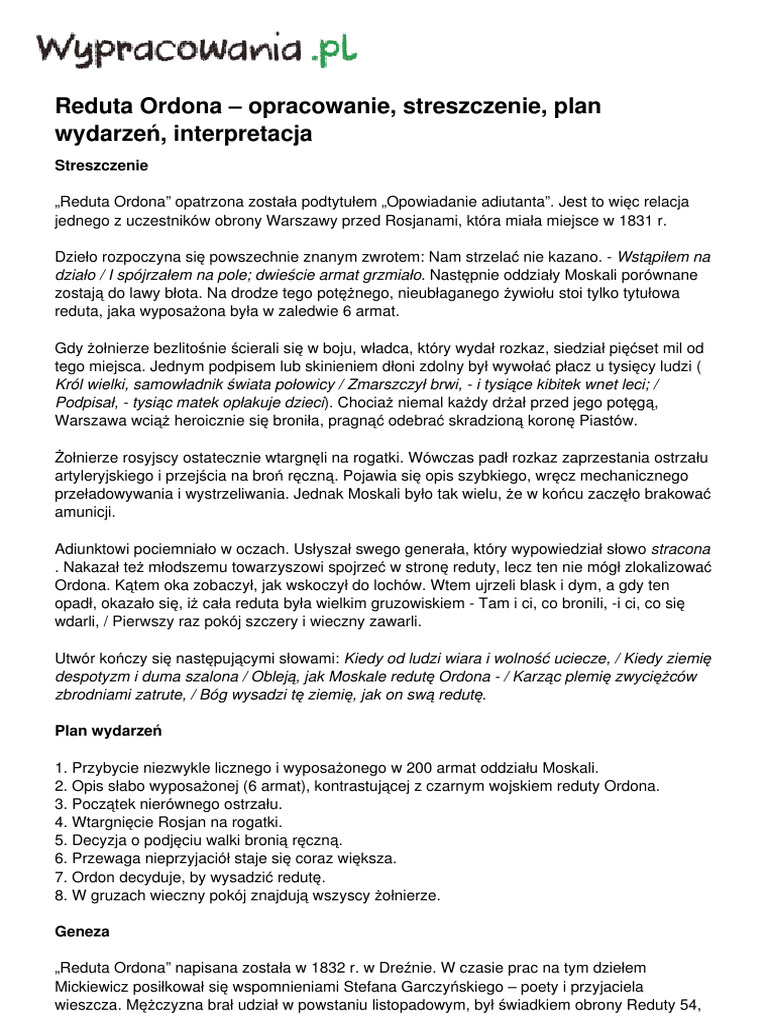 Reduta Ordona Opracowanie Streszczenie Plan Wydarzen Interpretacja | PDF