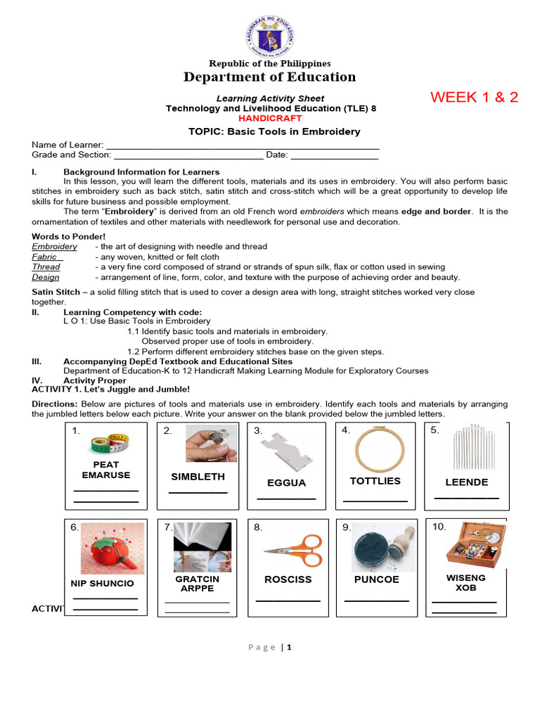 Grade 8 TLE Handicraft: Embroidery Skills | PDF | Embroidery | Textile Arts