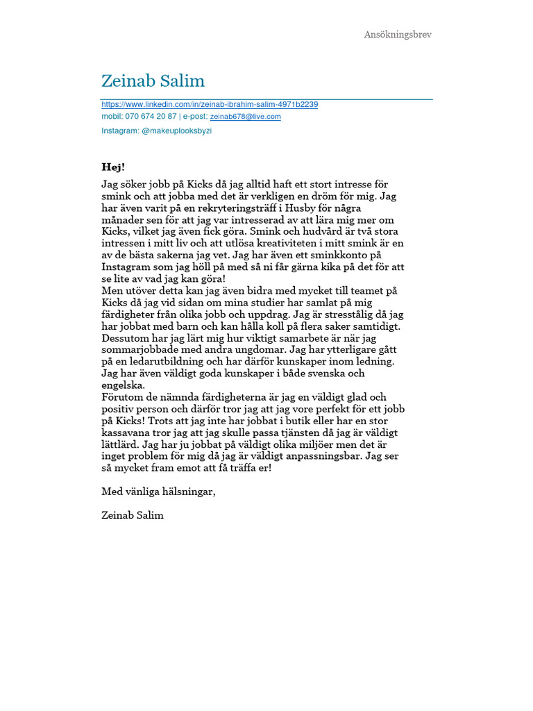 Personligt Brev Zeinab Salim | PDF