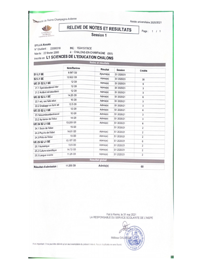 Releve de Notes Et Resultats | PDF