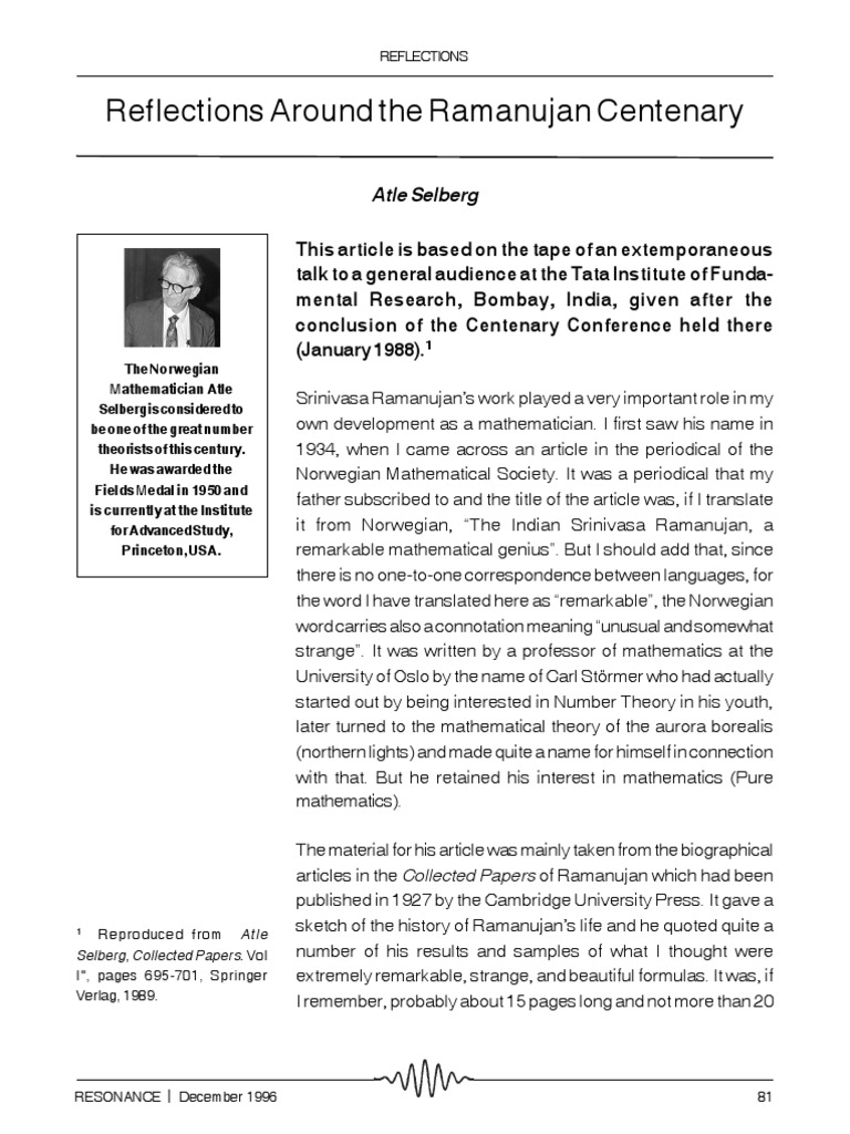 Reflections Around The Ramanujan Centenary-Atle Selberg | PDF