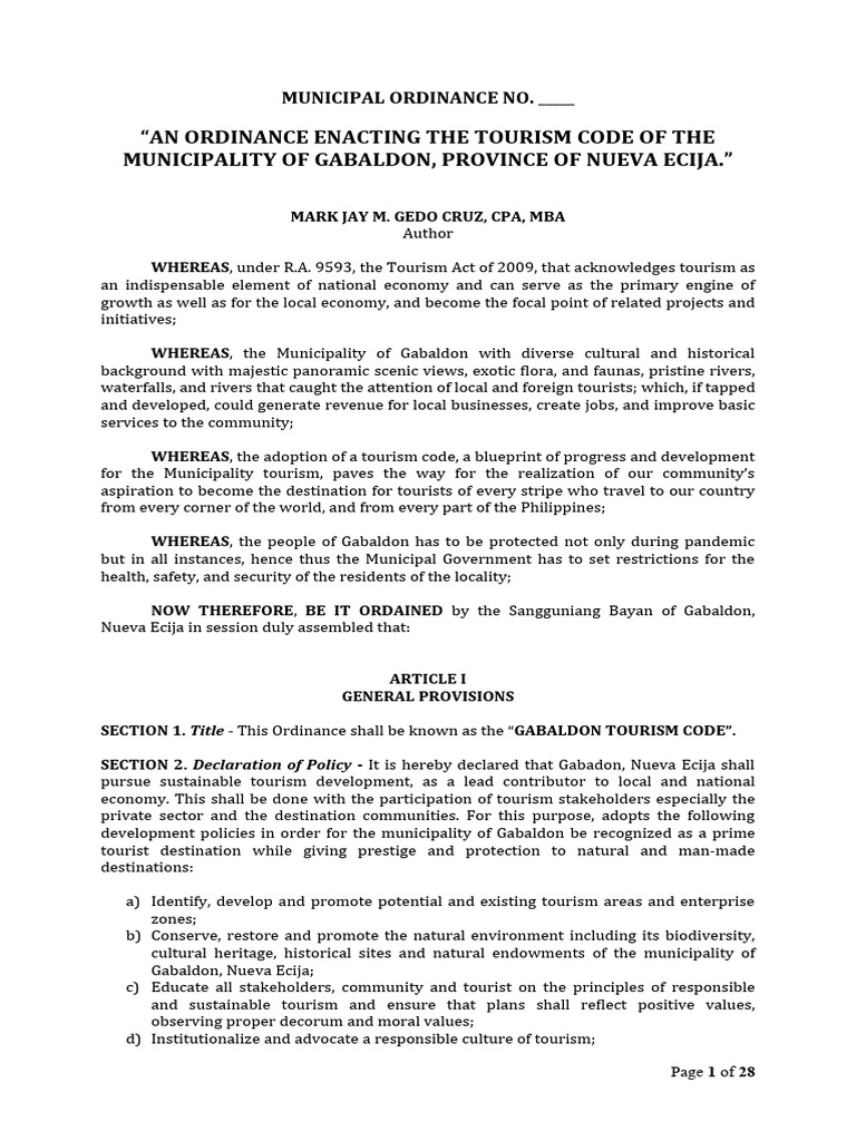 Tourism Code of Gabaldon Nueva Ecija | PDF | Tourism | Resource