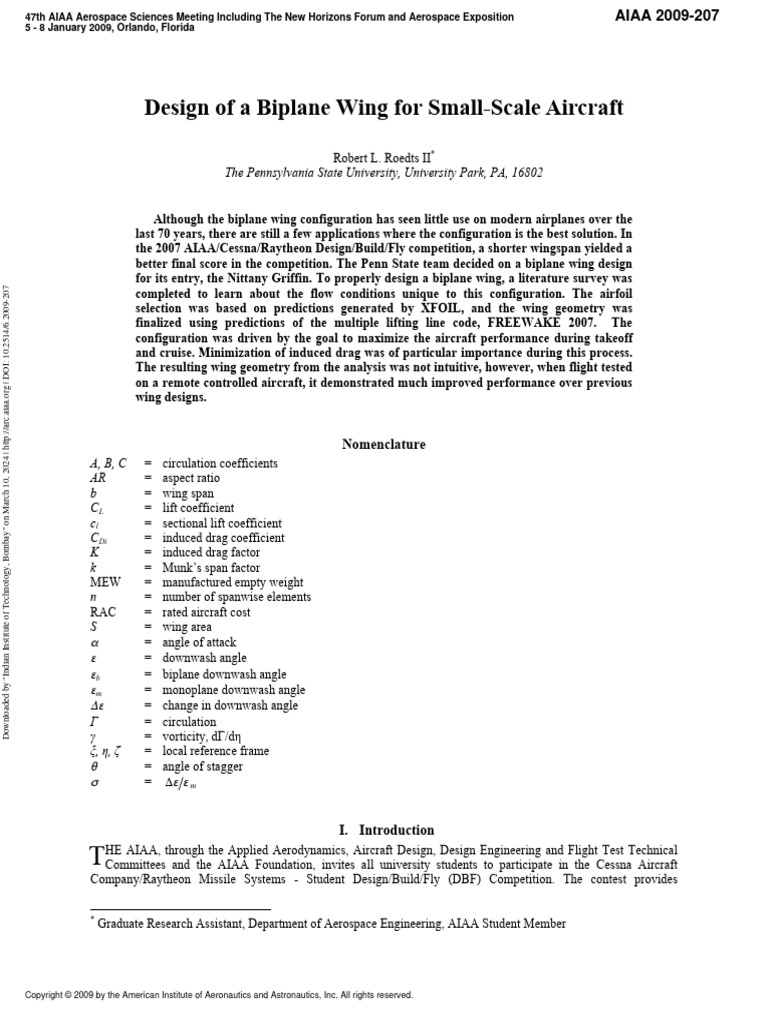 Roedts 2012 Design of A Biplane Wing For Small Scale Aircraft | PDF ...